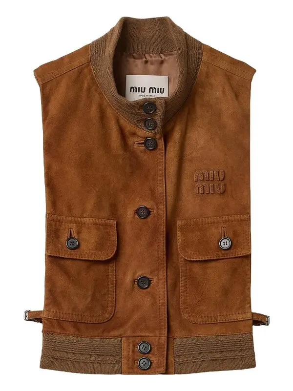 Miu Miu Logo Detailed Sleeveless Gilet - Cognac