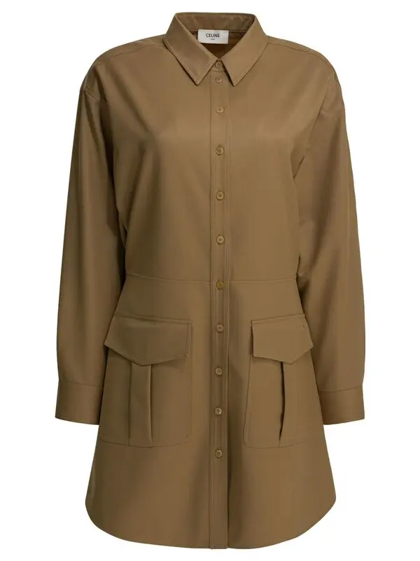 Celine Wool Mini Dress With Button Cuffs And Flap Pockets - Sand