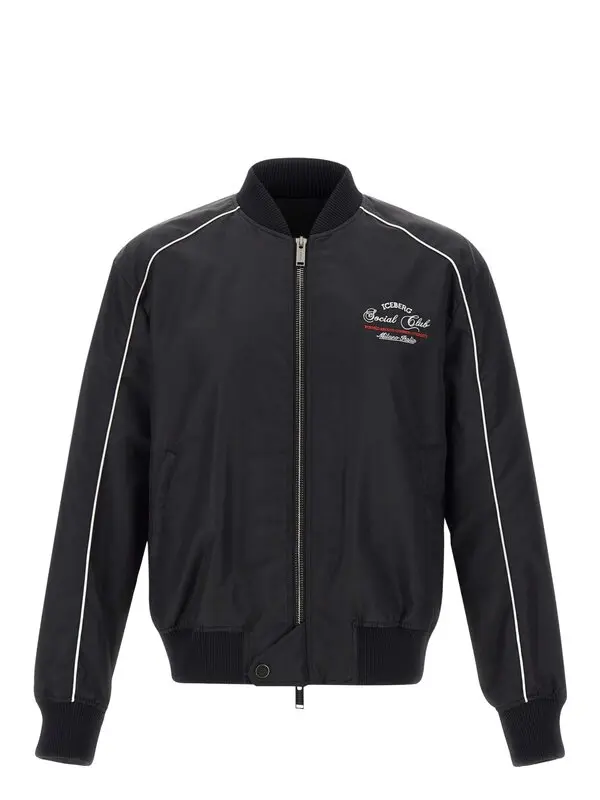 Iceberg Zip Up Bomber Jacket With Logo - Black