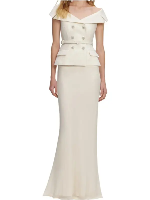 SELF-PORTRAIT Bouclé And Satin Maxi Dress With Embellished Buttons - Cream
