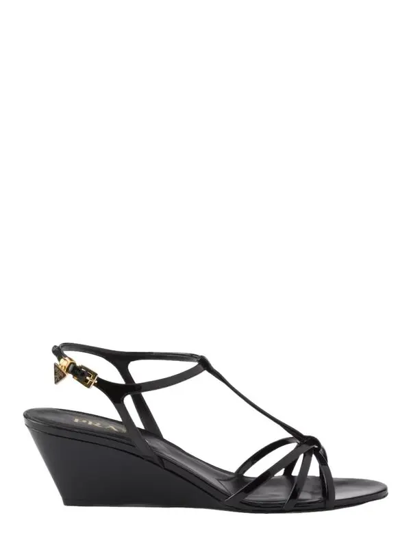 Prada Patent Leather Wedge Sandals With Buckle Fastening - Black