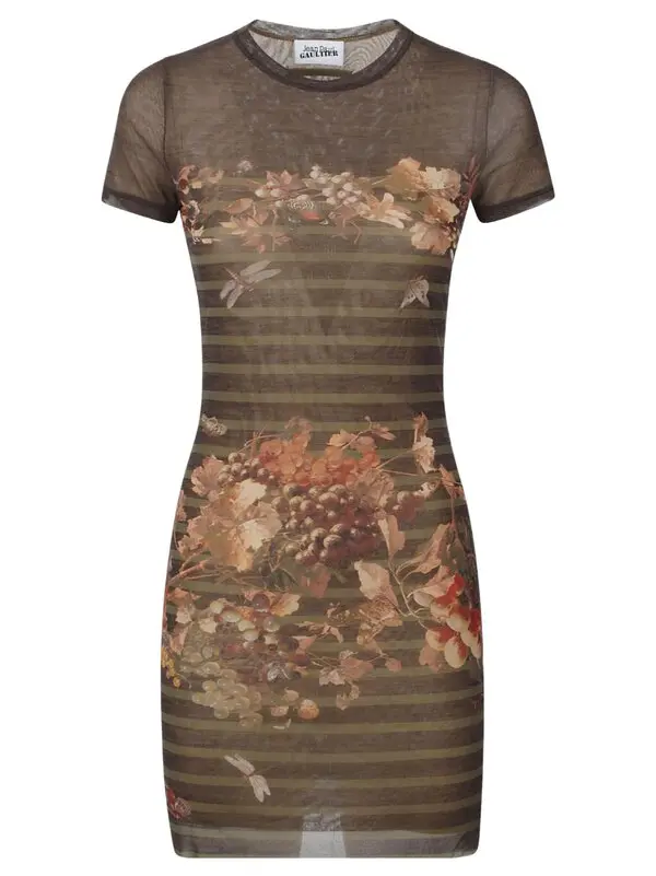 JEAN PAUL GAULTIER Short Sleeve Printed Dress - Brown