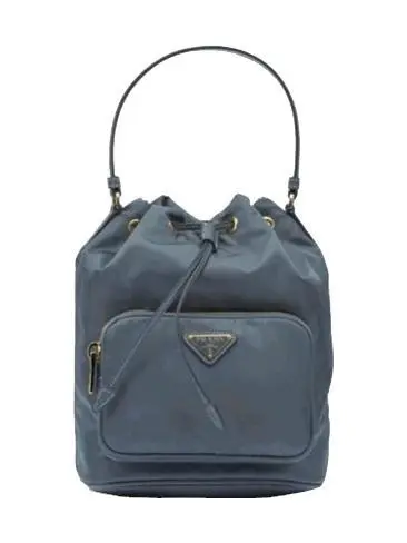 Prada Logo Plaque Drawstring Bucket Bag - Space Blue