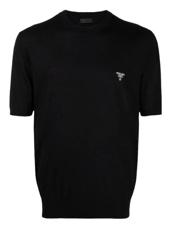 Prada Logo Embroidered Knit T-shirt - Blue