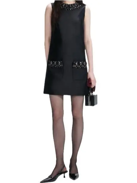 SELF-PORTRAIT Embellished Pocket Mini Dress - Black