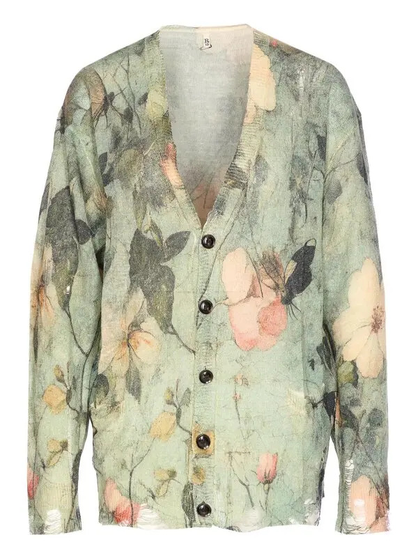 R13 Floral Print Distressed Cardigan - Gray