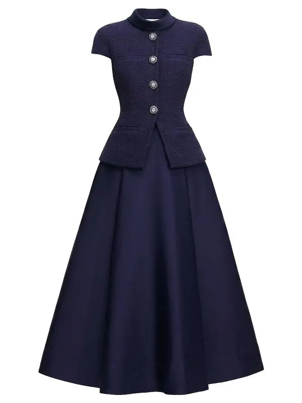 SELF-PORTRAIT Boucle Taffeta Midi Dress With Diamanté Buttons - Navy Blue