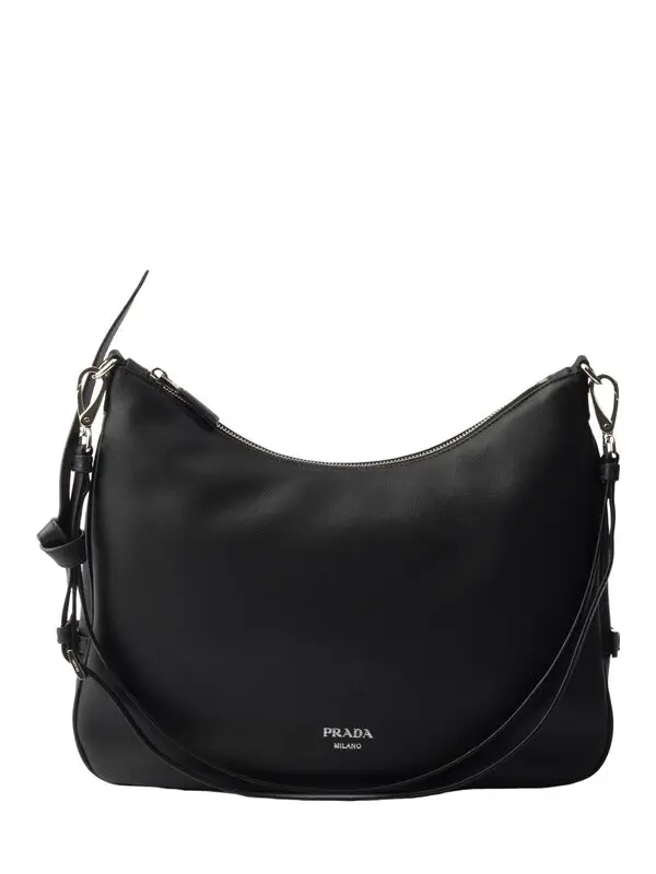 Prada Fold Large Leather Shoulder Bag With Embossed Monogram - Black