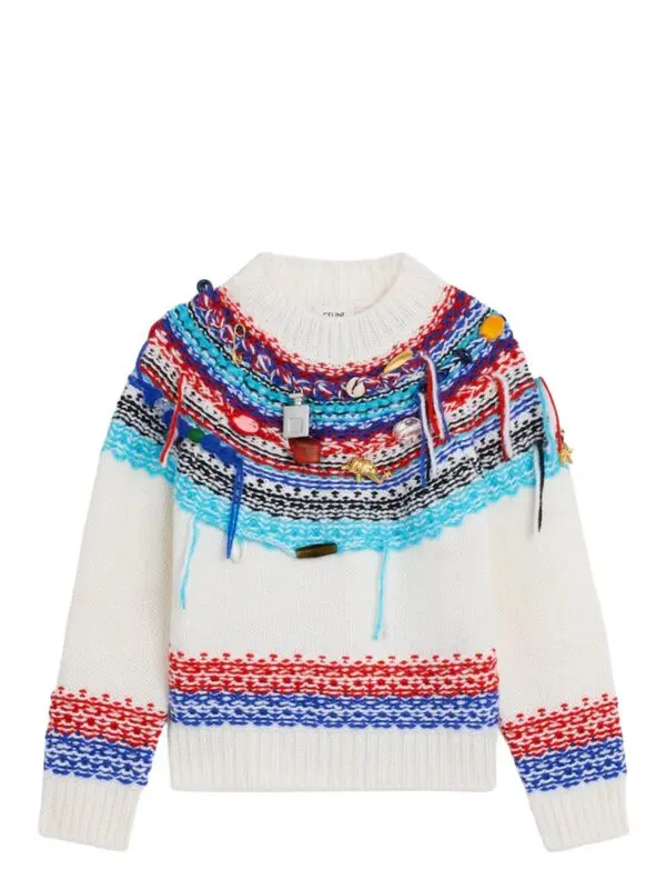 Celine Cropped Crewneck Sweater In Fair Isle Wool - White
