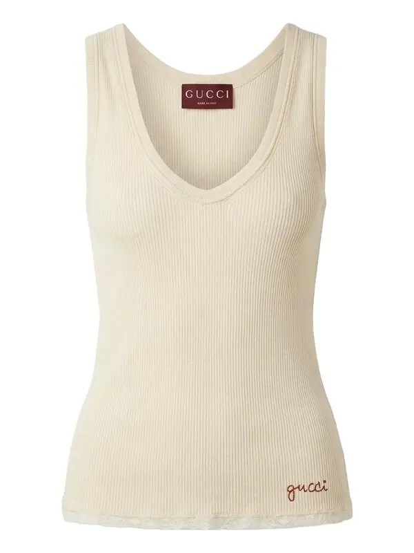 Gucci Embroidered Lace-trimmed Ribbed Knit Vest - Cream