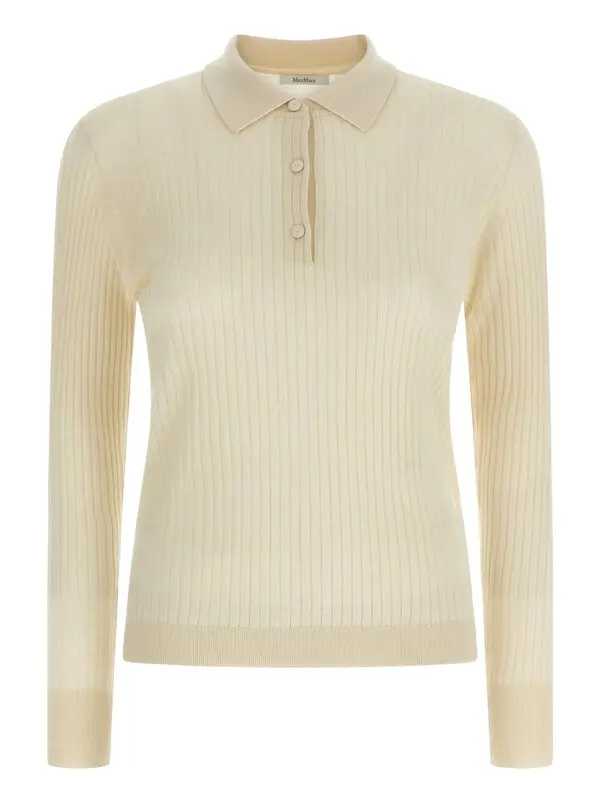 Max Mara Ribbed Knit Button Polo Top - Nude