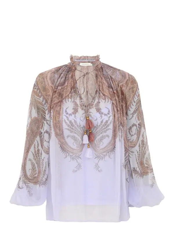 Zimmermann Paisley-print Ruffled Blouse With Tie Neck - Lilac Paisley