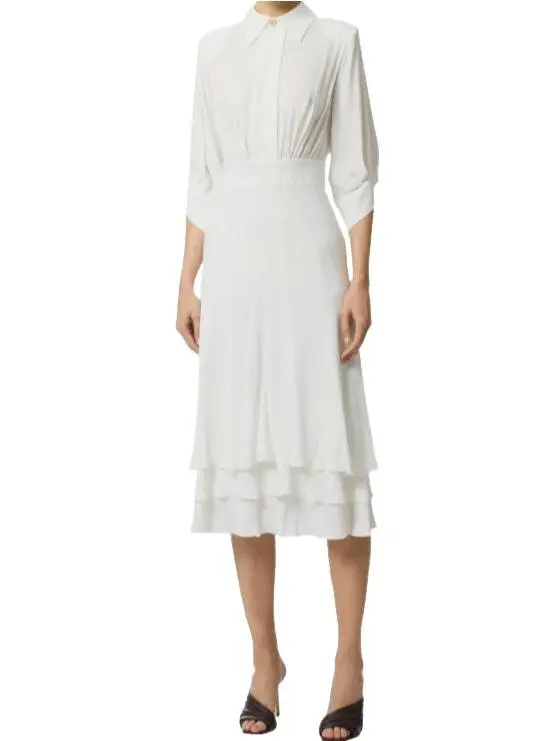 Elisabetta Franchi Viscose Georgette Pleated Flounce Shirt Dress - Ivory