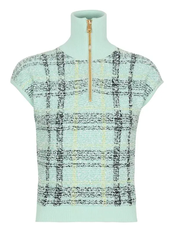 Balmain Sleeveless Plaid Tweed Top With Zipper Collar - Green