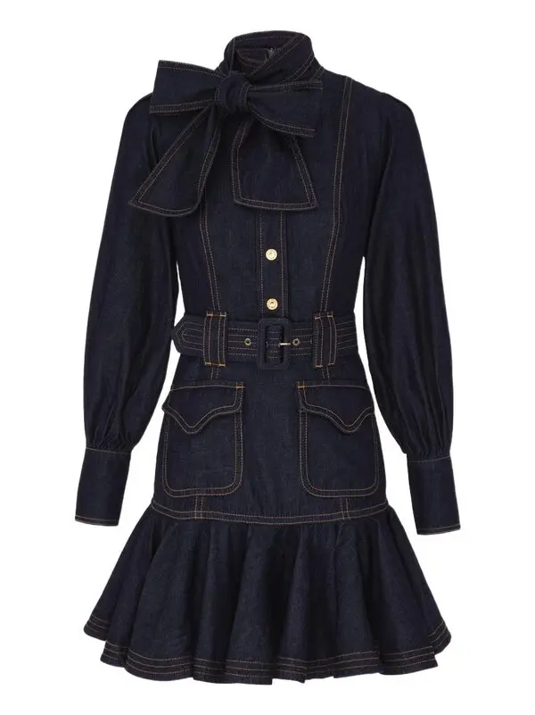 Zimmermann Tied-neck Ruffled Denim Dress - Night Sky