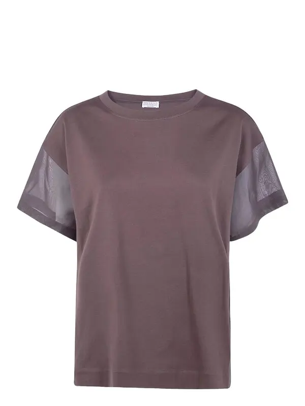 Brunello Cucinelli Short Sleeve T-shirt With Sheer Sleeves - Brown