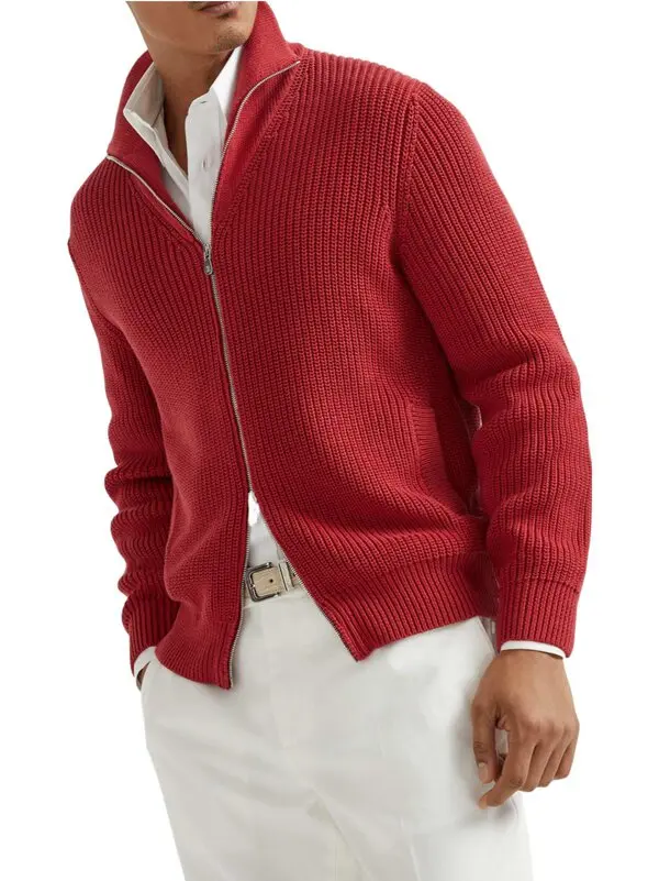 Brunello Cucinelli Ribbed Knit Zip-up Cardigan - Ruby Colour
