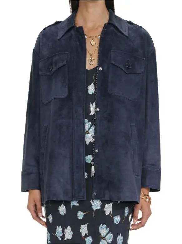 SELF-PORTRAIT Navy Suede Oversized Jacket - Navy Blue