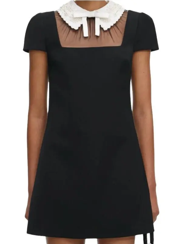 SELF-PORTRAIT Sheer Yoke Bow Collar Mini Dress - Black