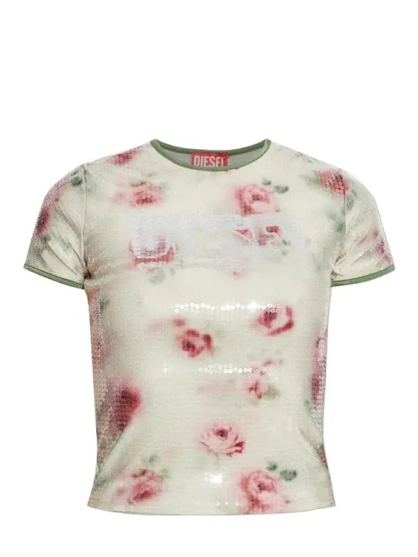 DIESEL® Sequined Floral Print Jersey Top - White