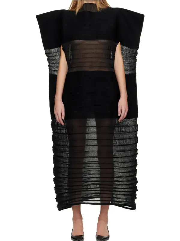 Issey Miyake Pleated High-neck Tulle Trim Dress - Black
