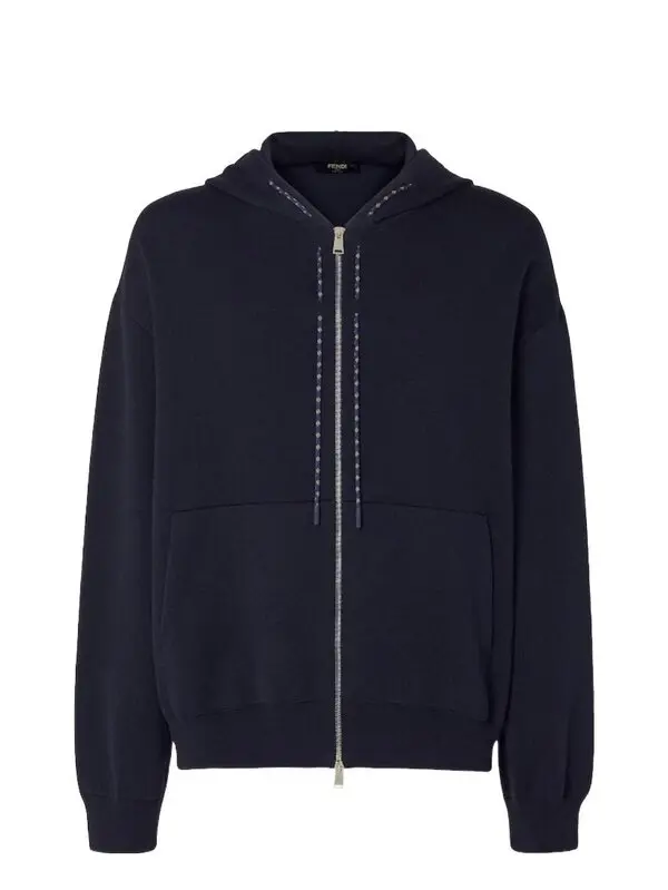 Fendi Long Sleeved Zip-up Drawstring Hoodie - Black