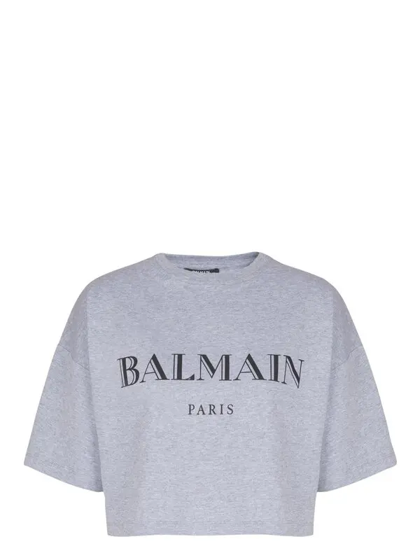 Balmain Boxy Cropped Graphic T-shirt - Gray