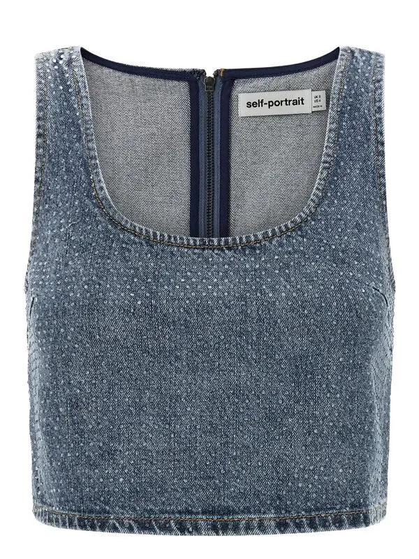 SELF-PORTRAIT Crystal Embellished Scoop Neck Denim Crop Top - Blue