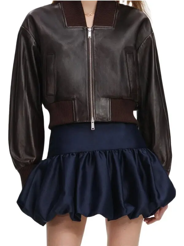 SELF-PORTRAIT Leather Zip-up Bomber Jacket - Black