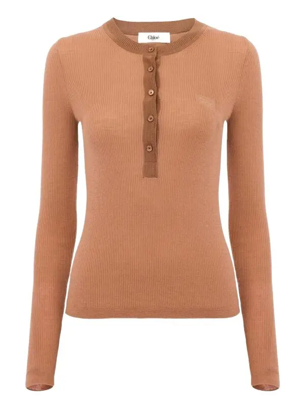 Chloé Ribbed Henley Shirt With Mother-of-pearl Buttons - Pink/brown