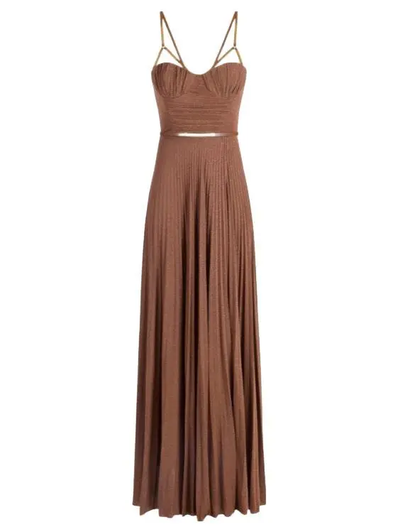 Elisabetta Franchi Pleated Spaghetti Strap Maxi Dress - Leather
