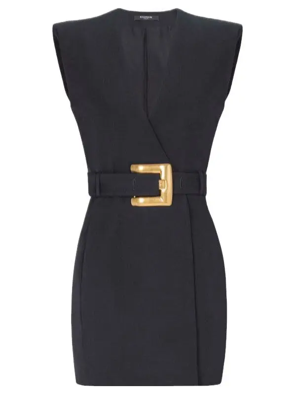 Balmain Sleeveless V-neck Belted Mini Dress - Black