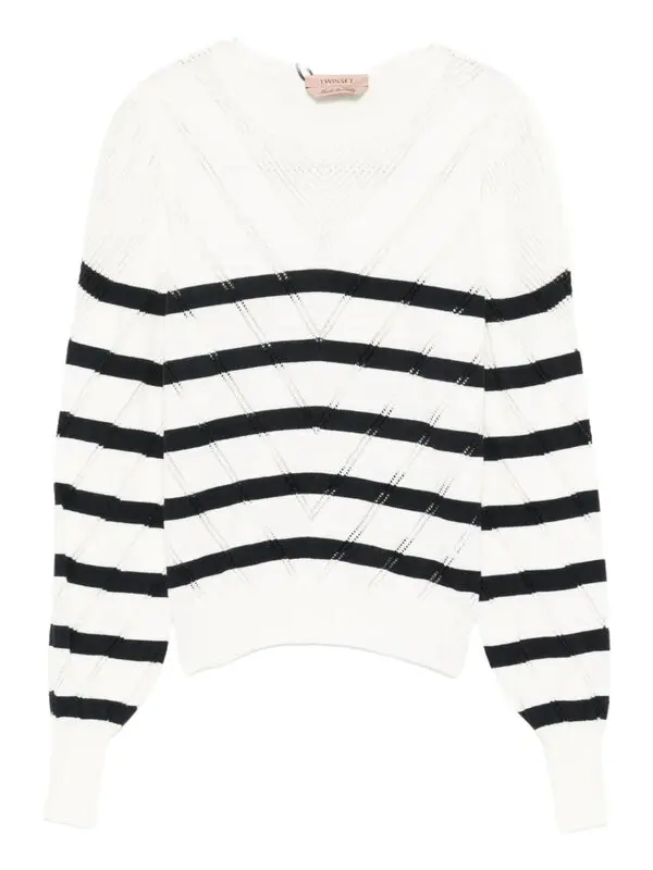 TWINSET Striped Crew Neck Long Sleeve Sweater - White