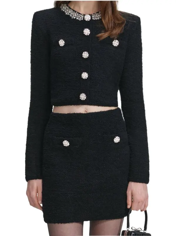 SELF-PORTRAIT Embellished-button Cropped Jacket - Black