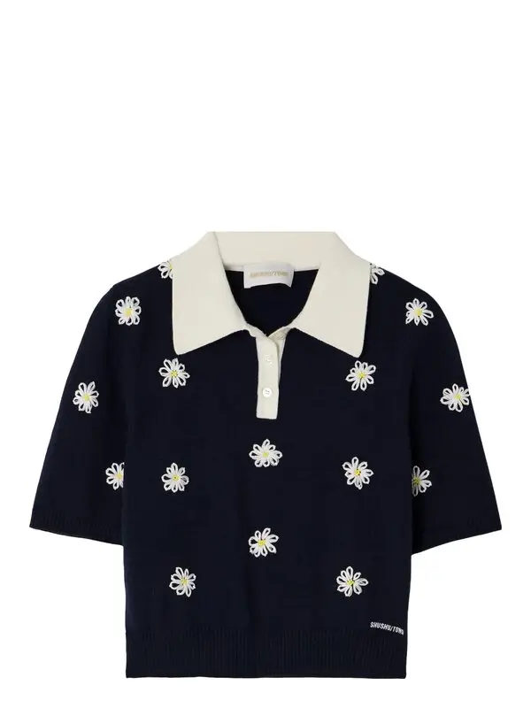 SHUSHU/TONG Floral Embroidered Short Sleeve Polo Shirt - Black