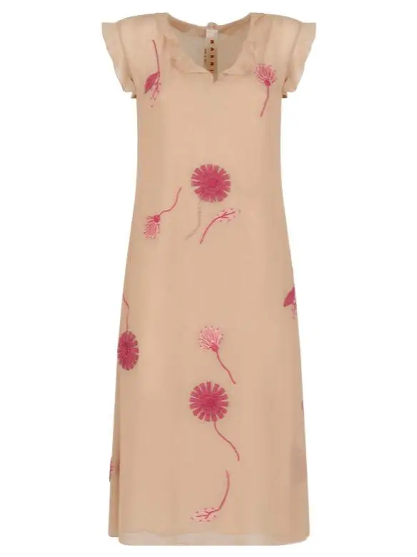Marni Silk Dress With Camellia Embroidery - Nude