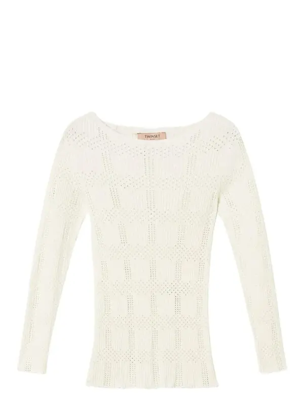 TWINSET Pointelle Knit Crewneck Top - White