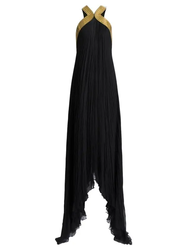 Alberta Ferretti Plissé Chiffon Gown With Metallic Embroidered Collar - Black