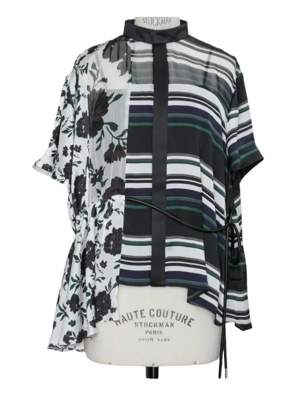 Sacai Short Sleeve Blouse With Printed Patchwork And Stripes - White And Multicolour