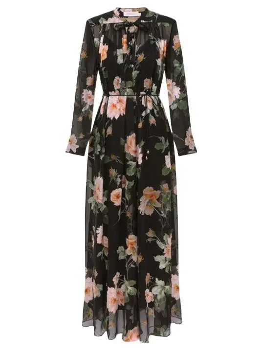 Zimmermann Luna Burnout Sheath Maxi Dress With Lace Detail - Black Rose