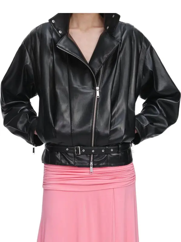 SELF-PORTRAIT Pleated Belted Biker Jacket - Black