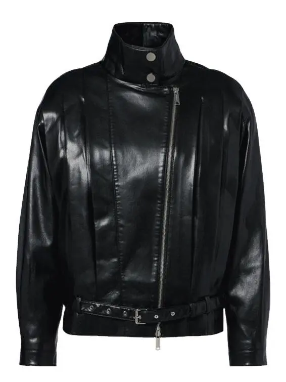 SELF-PORTRAIT Pleated Belted Biker Jacket - Black