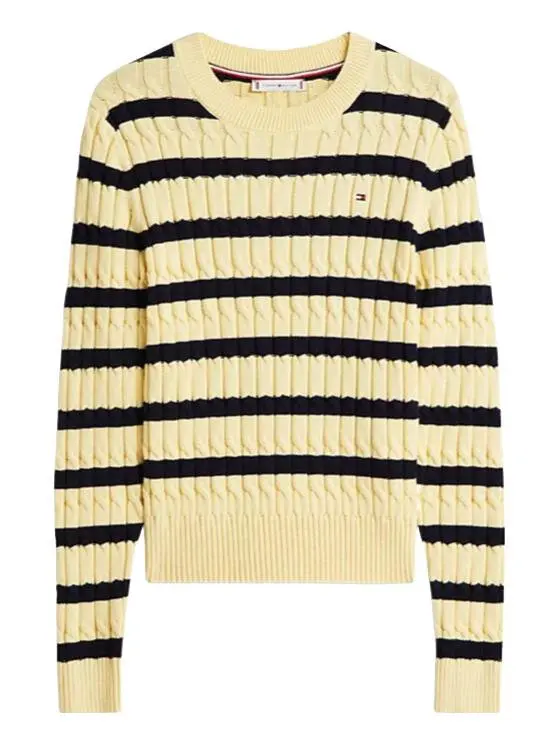 Tommy Hilfiger Striped Cable-knit Crew Neck Sweater - Bright Yellow/deep Navy Blue