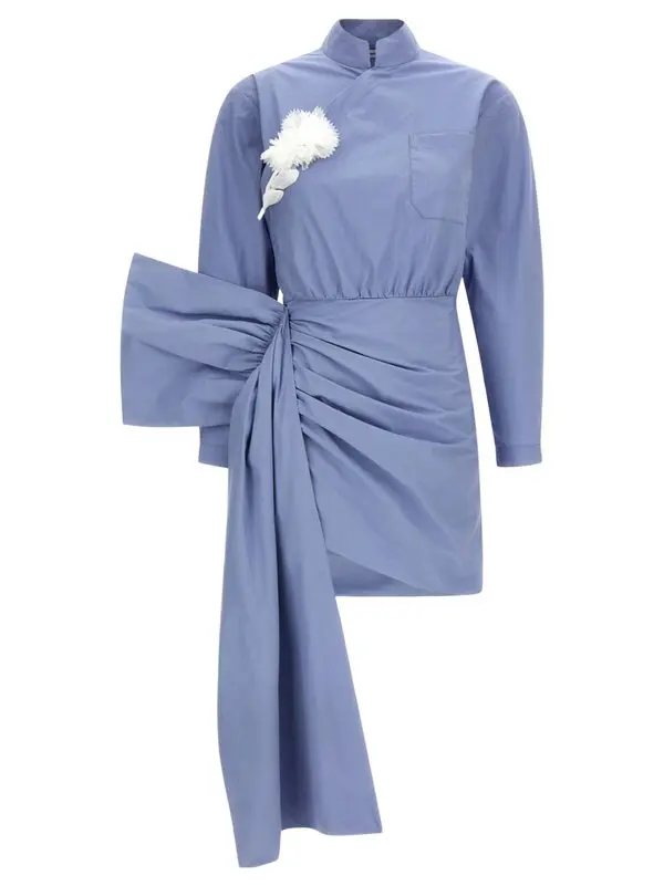 SELF-PORTRAIT Cotton Asymmetrical Bow Detail Mini Dress - Blue