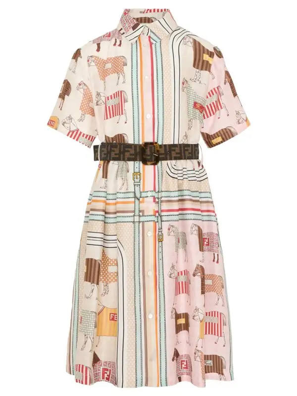 Fendi Horse-motif Striped Cotton Shirt Dress - Pink