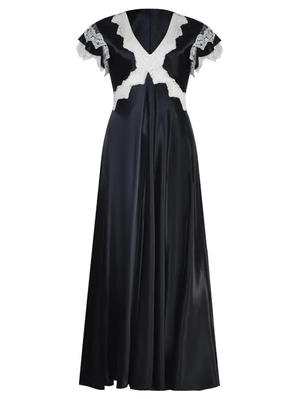 Alberta Ferretti V-neck Lace Detailed Maxi Dress - Black