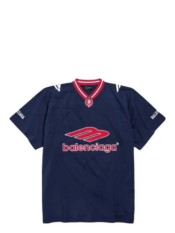 Balenciaga 3b Football Oversized V-neck T-shirt - Deep Navy Blue/red