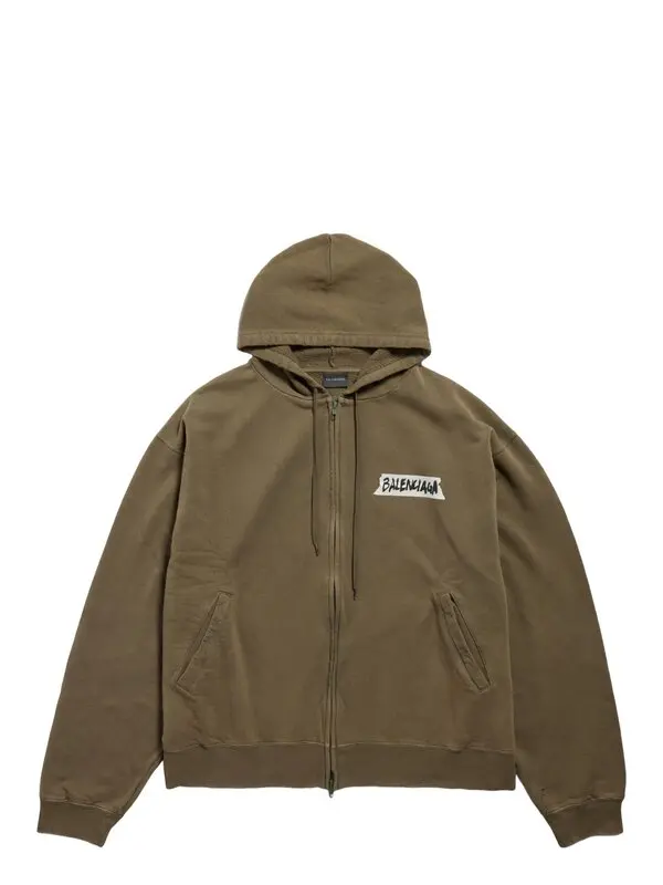 Balenciaga Oversized Zip-up Hoodie With Masking Tape Detail - Khaki