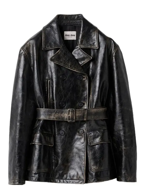 Miu Miu Double-breasted Calf Leather Caban Jacket - Black