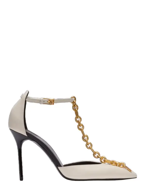 Balmain Sync Leather Stilettos With Pointed Toe And Chain Detailing - Beige
